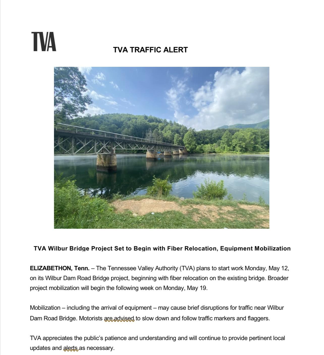 TVA starts work on Wilber Dam Road Project - SuperTalk 92.9